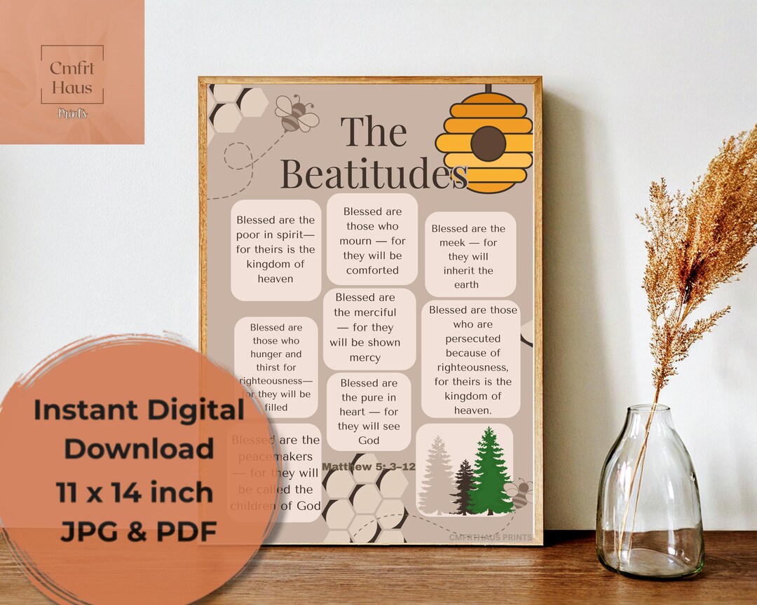 The Beatitudes Printable Poster for Kids – Bee Theme Bible Wall Art ...