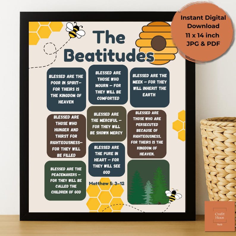The Beatitudes Poster for Kids – Matthew 5:3-12 Scripture Wall Art – Christian Nursery Decor ...