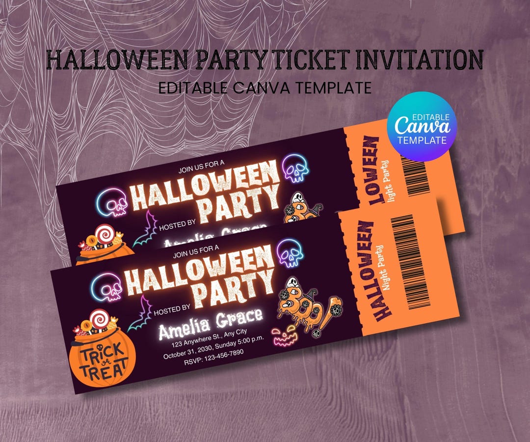 Editable Halloween Ticket Invitation, Cute Ghost Party Template, Canva ...