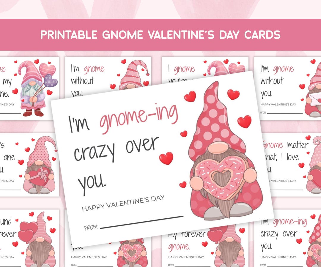 Printable Gnome Valentine’s Day Cards PDF, Cute Gnome Valentines for ...