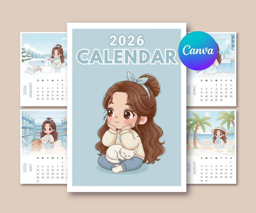 2026 Editable Calendar, Cute Monthly Chibi Planner, Kawaii Aesthetic ...