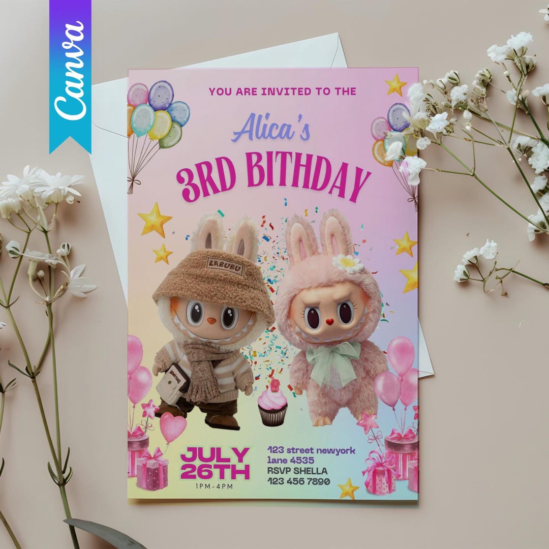 Editable Labubu Birthday Invitation: Printable Party Invite (5x7, Canva ...