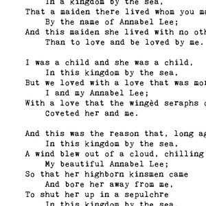 Annabel Lee Poem Wall Art Print Edgar Allan Poe Poetry Poster Annabel ...