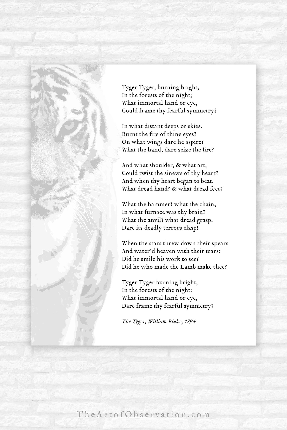 Tiger Poem Wall Art Print William Blake Poetry Poster Tyger | Etsy