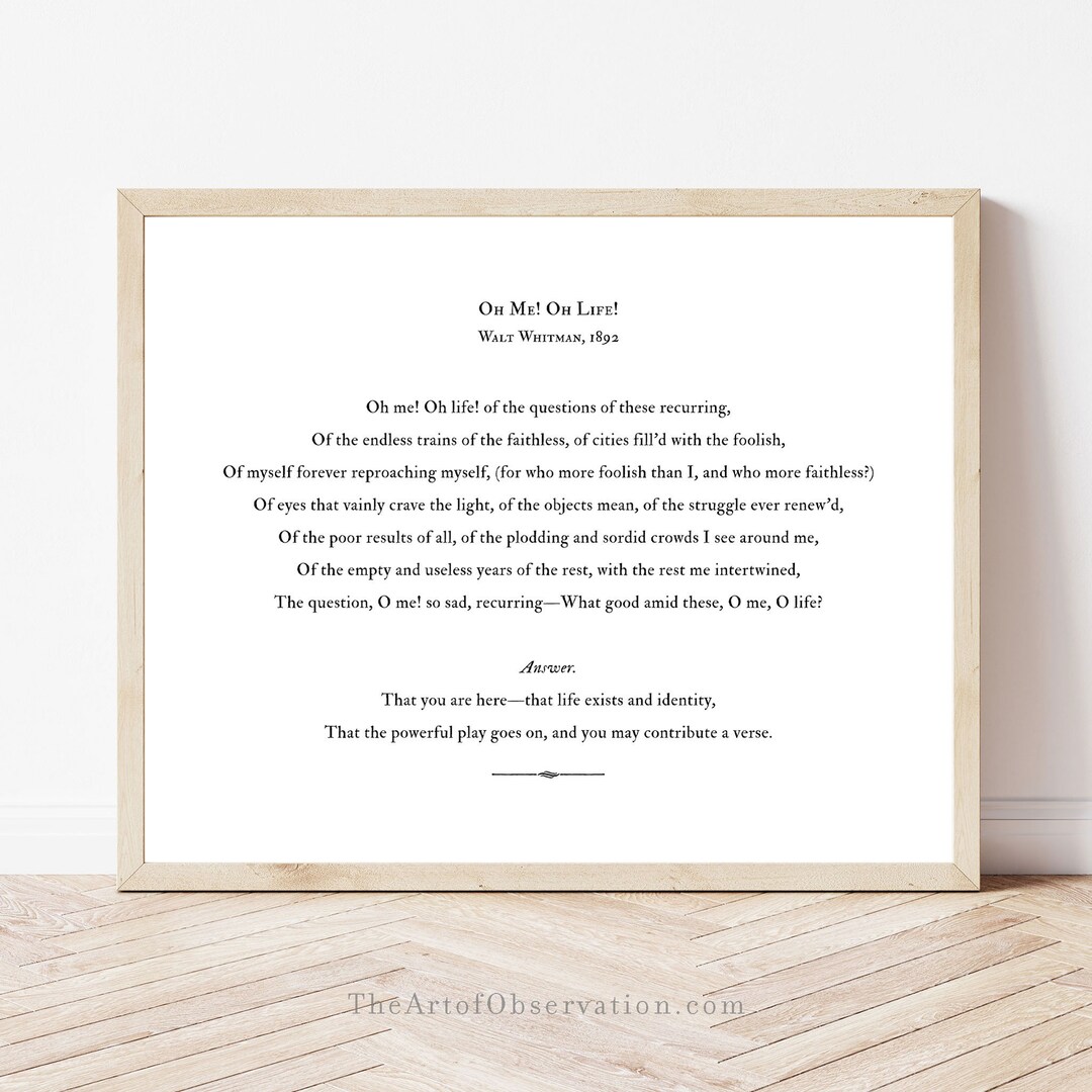 Walt Whitman Quote Oh Me Oh Life Poem Wall Art Print Inspirational Quote Canvas Decor Poetry ...