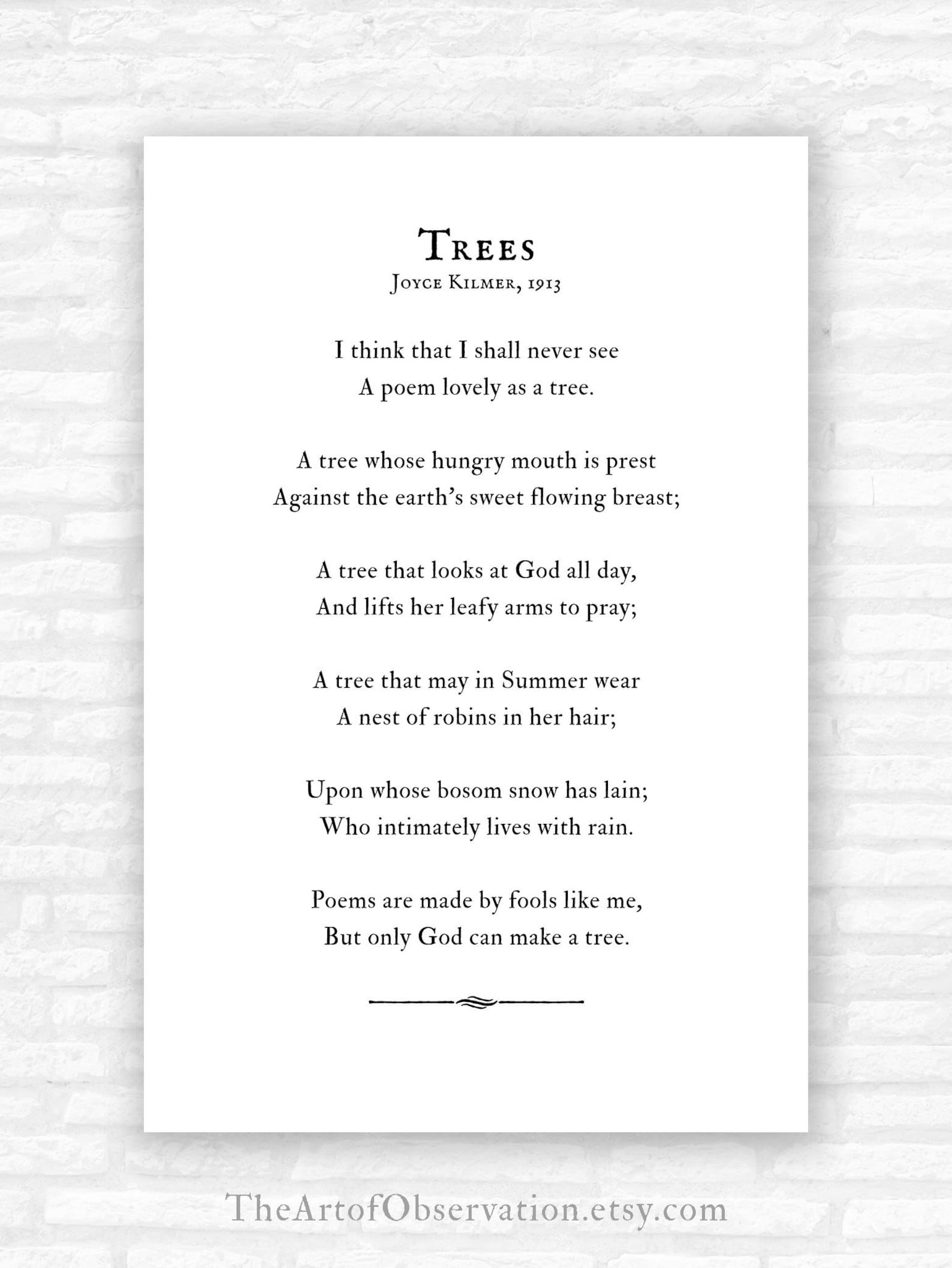 Trees Poem Wall Art Print Joyce Kilmer Poetry Gift I Think That I Shall ...
