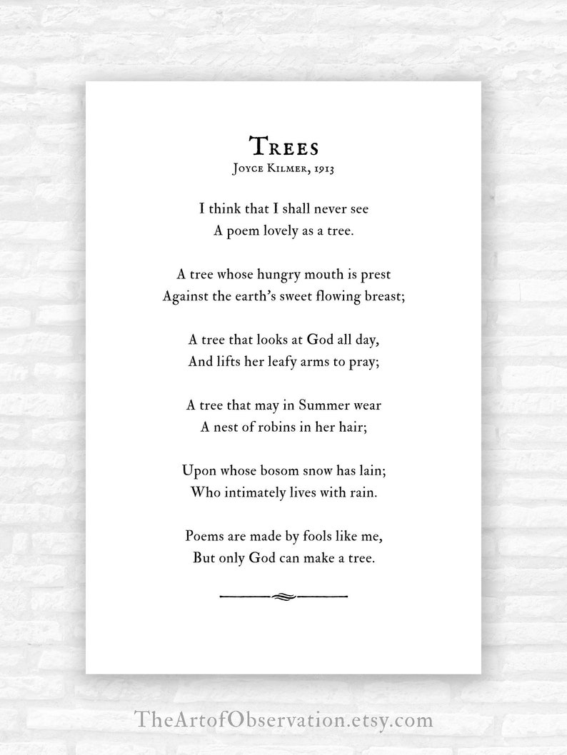 Trees Poem Wall Art Print Joyce Kilmer Poetry Gift I Think That I Shall ...
