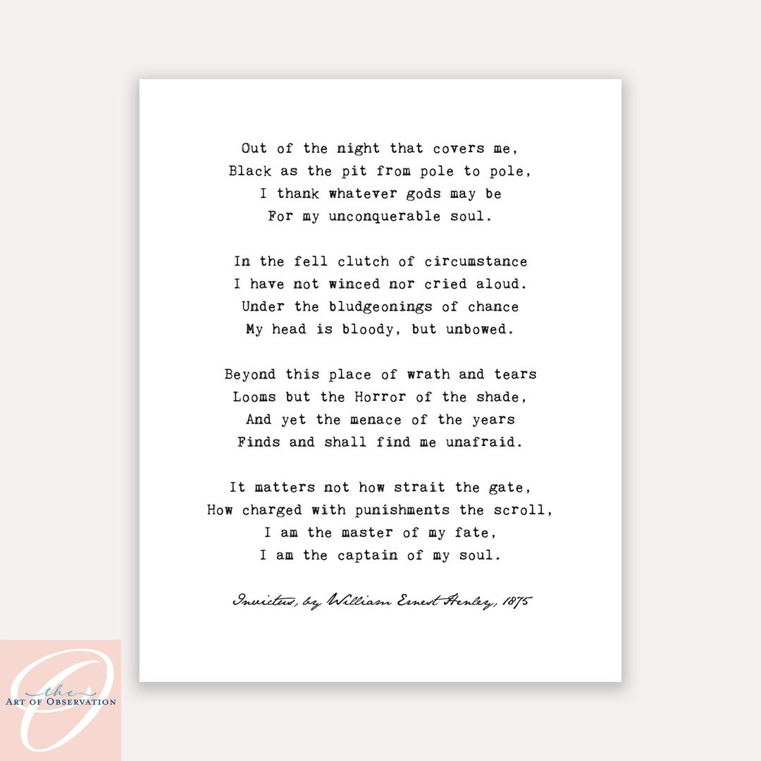 Invictus Poem Wall Art Print, Master of My Fate, Captain of My Soul ...