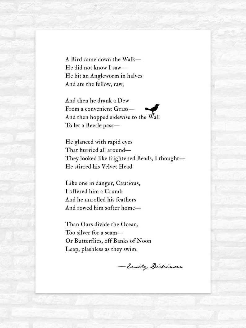 Bird Poem Print Emily Dickinson Poem Wall Art Print Bird Quote Print ...