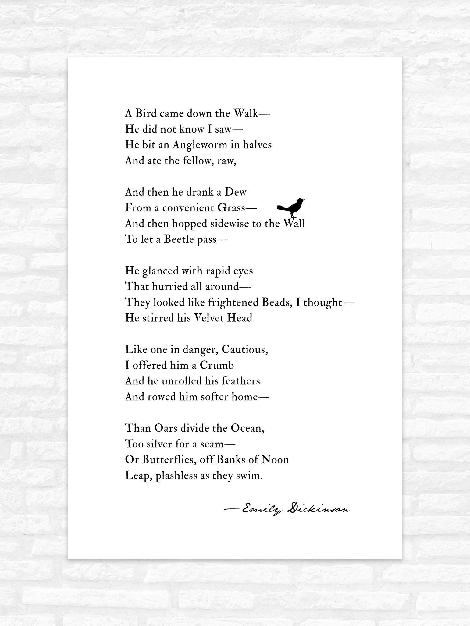 Emily Dickinson Poem Print Wall Art A Bird came down the walk | Etsy