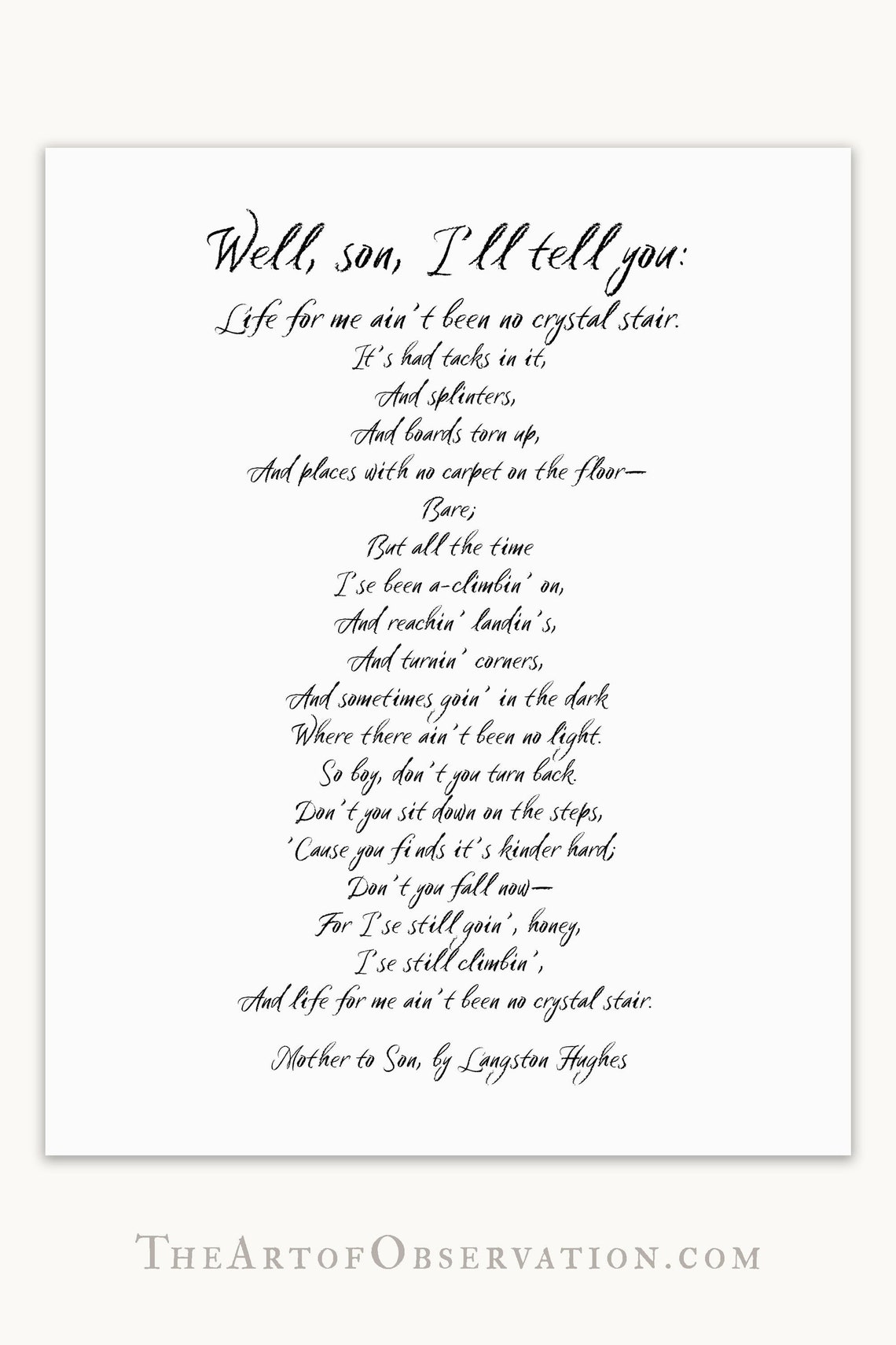 Langston Hughes Poetry Mother to Son Poem Wall Art Print, Life for Me ...