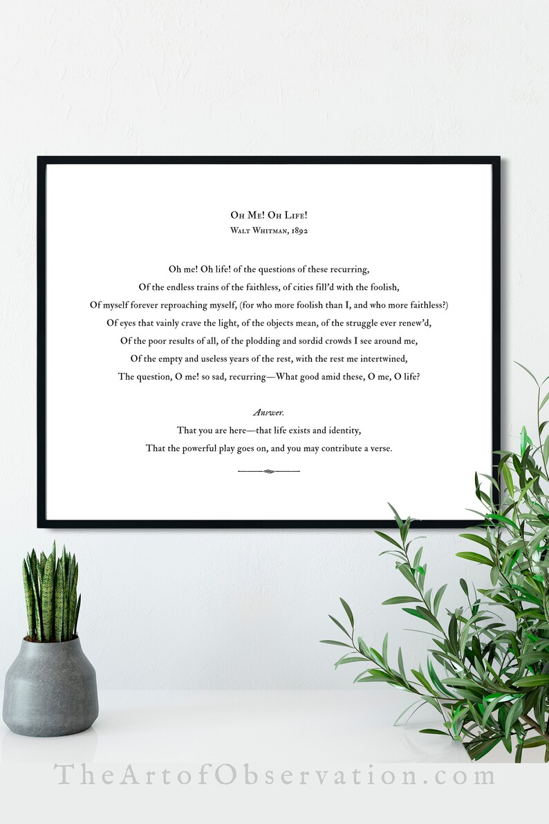 Walt Whitman poem print inspirational wall art Oh Me Oh Life | Etsy