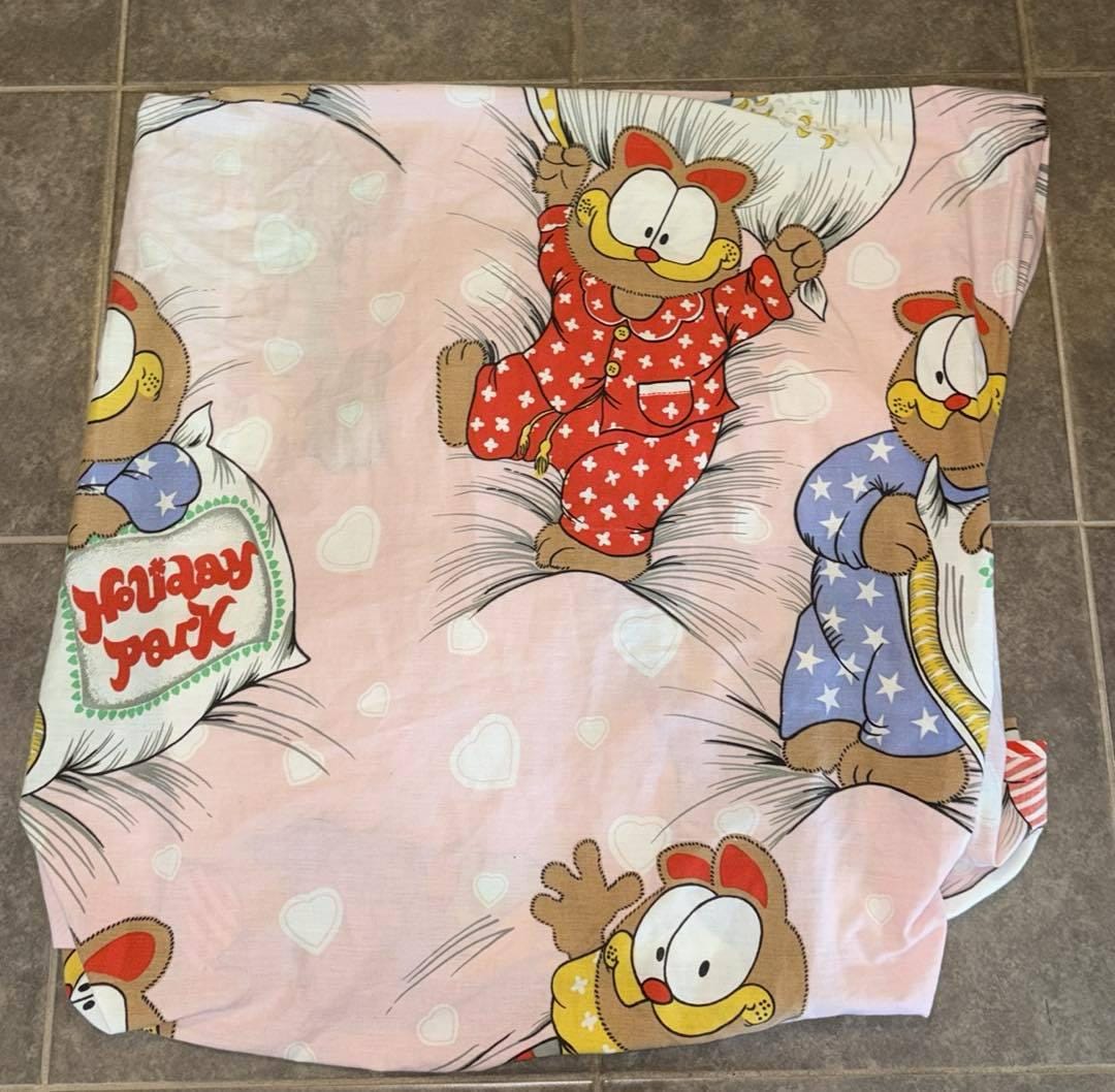 Vintage Pink Garfield Twin Bed Fitted Sheet Slumber Party Rare Fabric ...