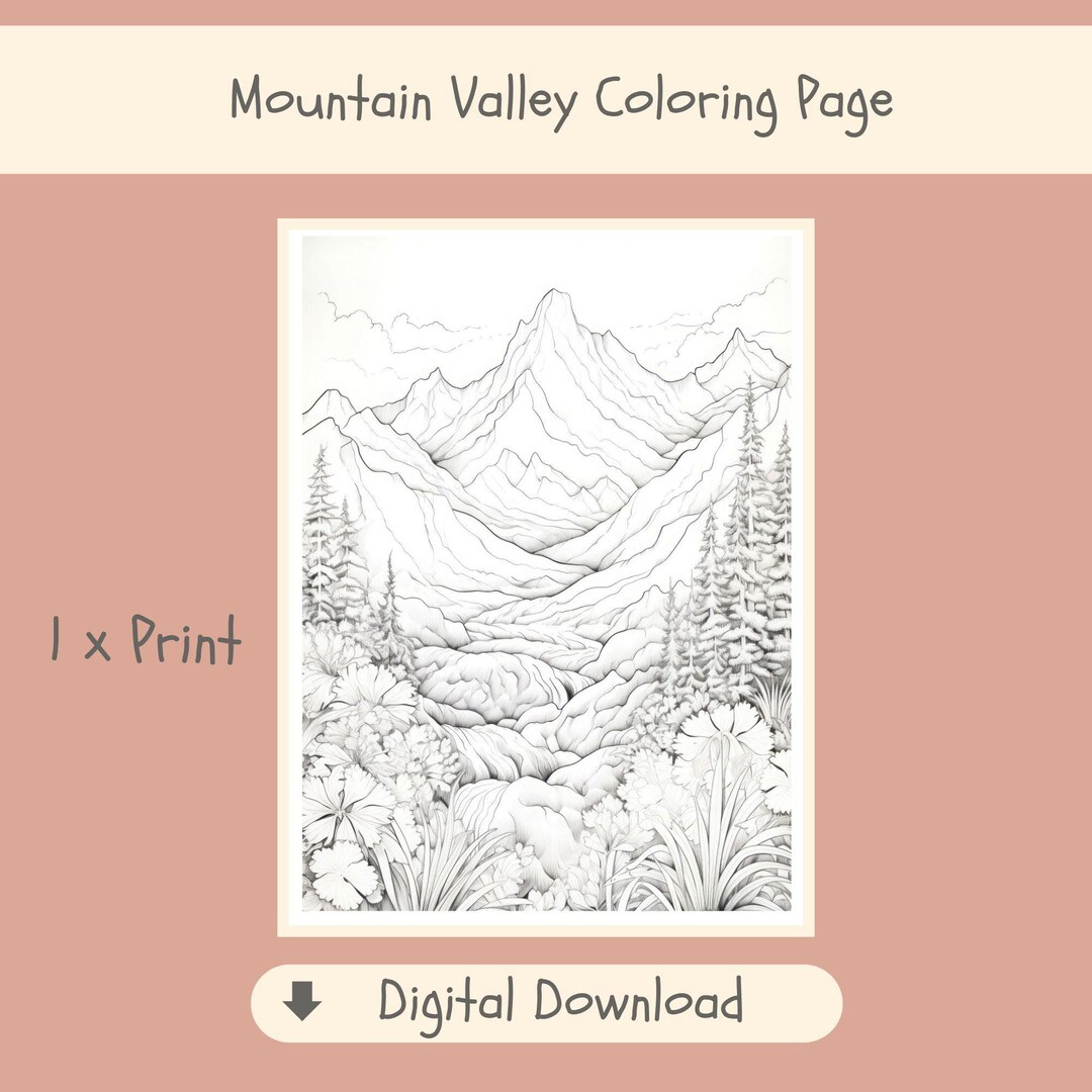 Mountain Valley Coloring Page – Printable Himalayas Landscape, Nature ...