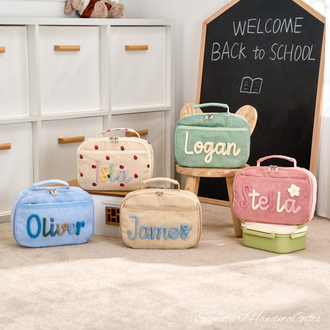 Personalized Corduroy Kids Lunch Bag | Custom Embroidered School Lunch ...