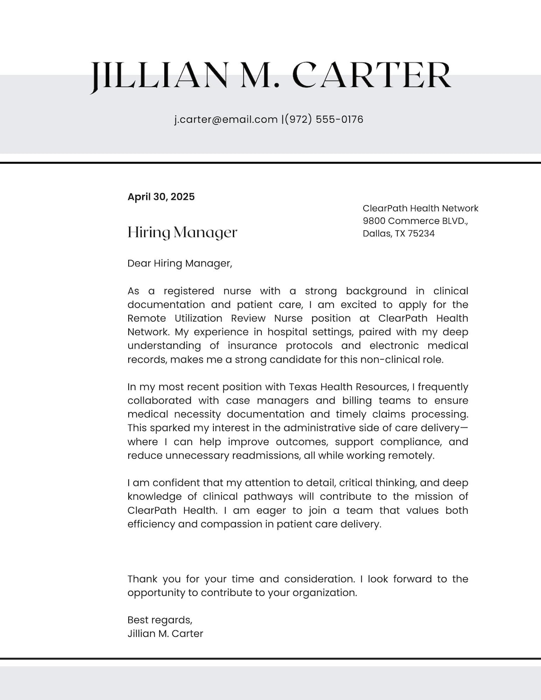 Remote Nurse Cover Letter Template Utilization Review - Etsy