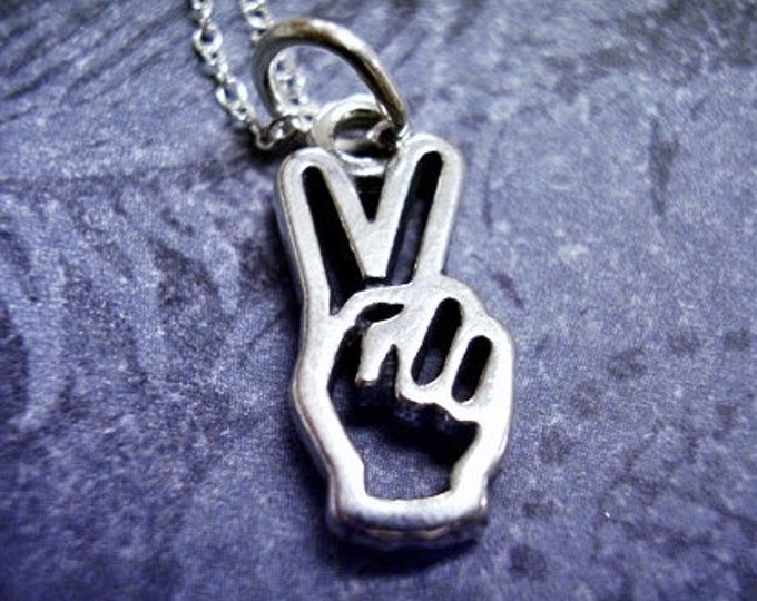 Peace Sign Hand Necklace - Sterling Silver Peace Sign Hand Charm on a ...