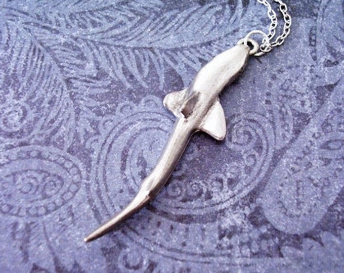 Large Shark Necklace - Antique Pewter Shark Charm on a Delicate Silver ...
