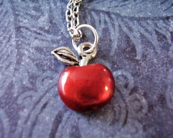 Tiny Red Apple Necklace Enameled Antique Pewter Red Apple Charm on a ...