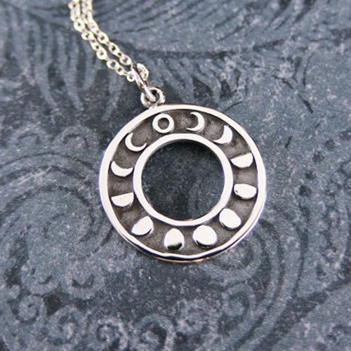 Silver Round Moon Phases Necklace Sterling Silver Round Moon | Etsy