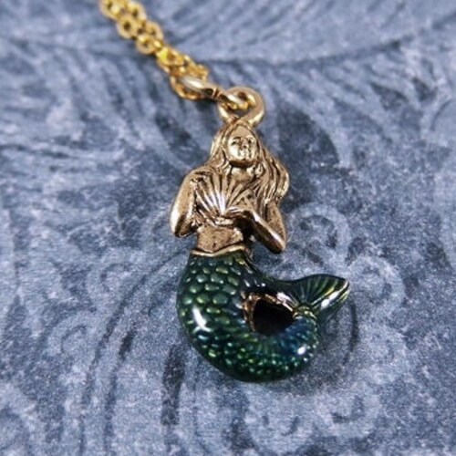 Blue Green Mermaid Necklace Enameled Antique Gold Pewter | Etsy
