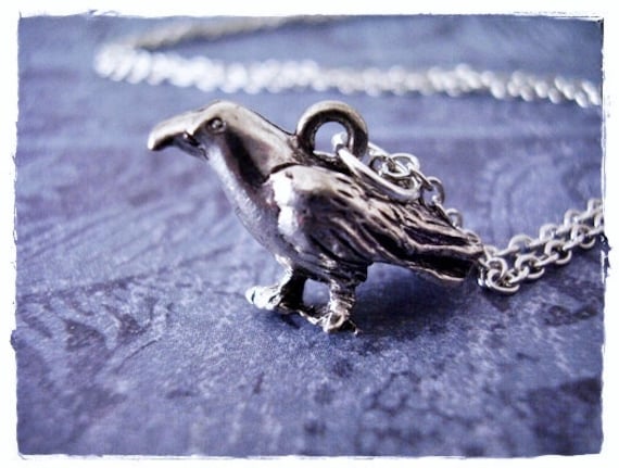 Silver Crow Necklace Antique Pewter Crow Charm on a Delicate | Etsy