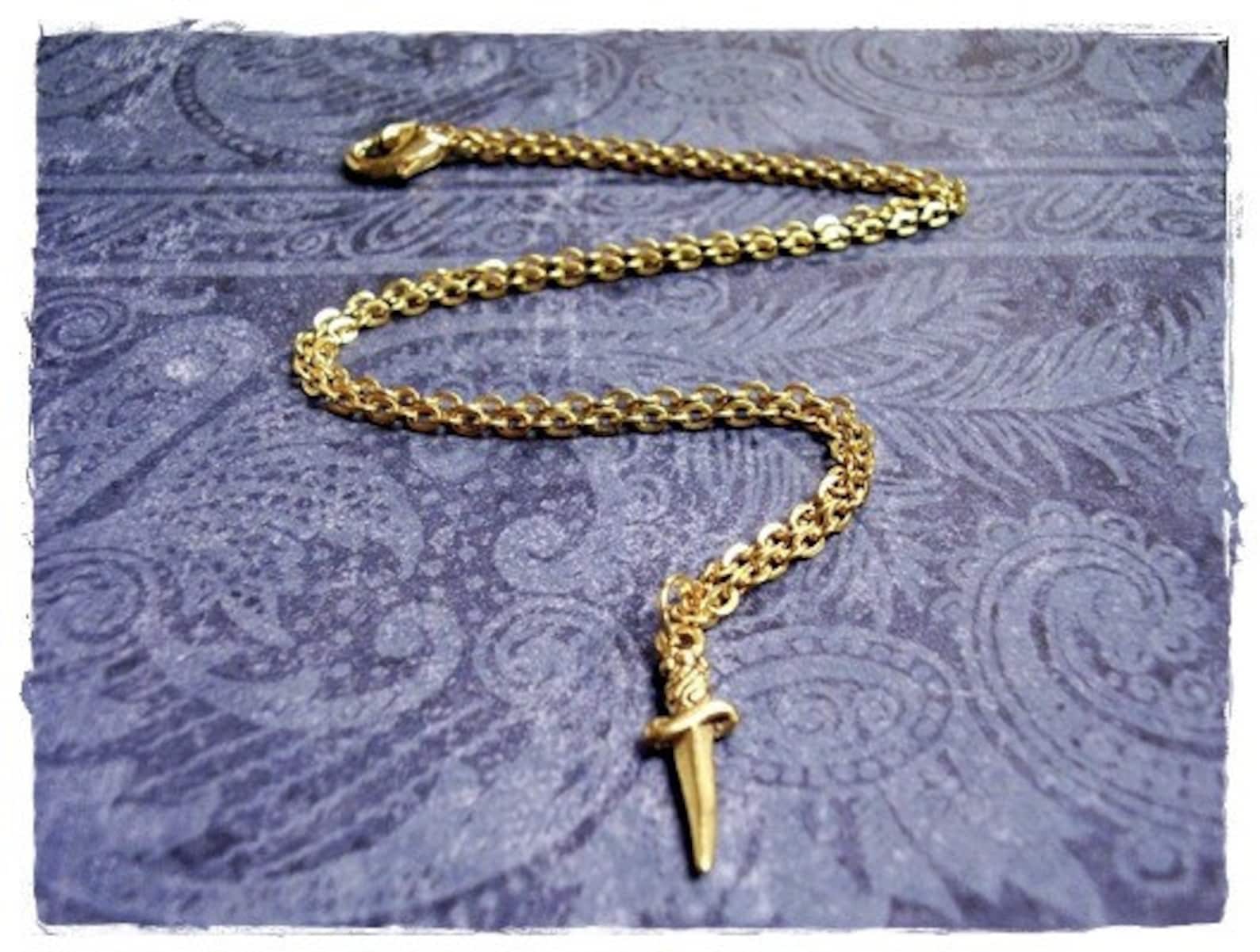Tiny Gold Dagger Necklace - Antique Gold Pewter Dagger Charm on a ...