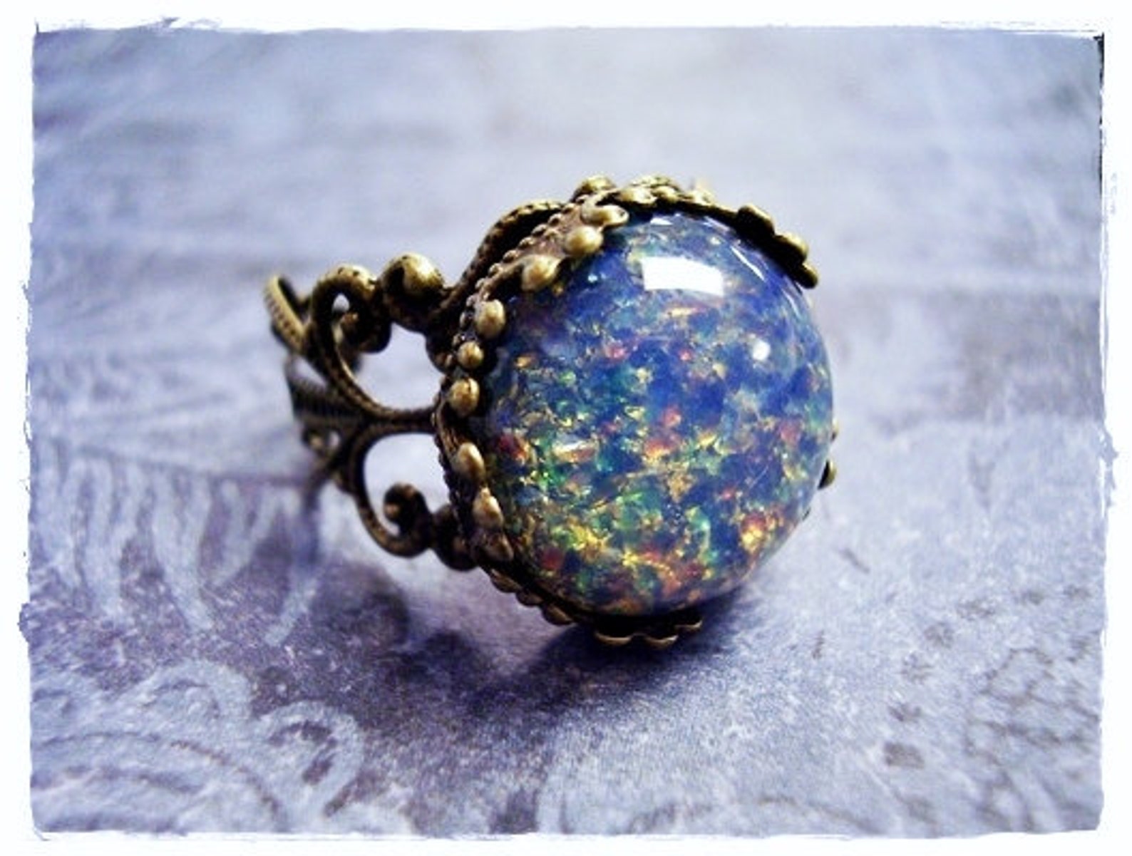 Round Blue Opal Glass Ring - Blue Opal Glass Cabochon on an Ornate ...