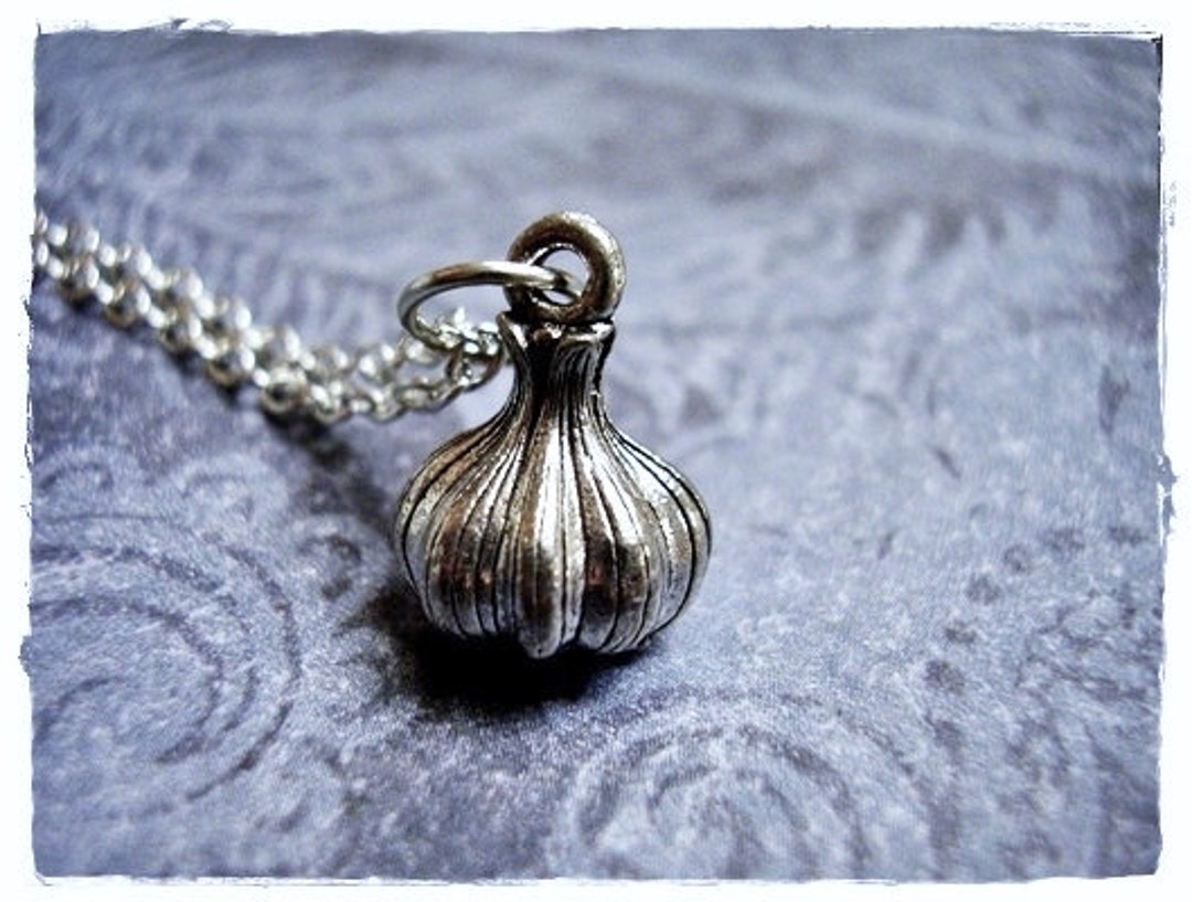 Silver Garlic Bulb Necklace - Antique Pewter Garlic Bulb Charm on a ...