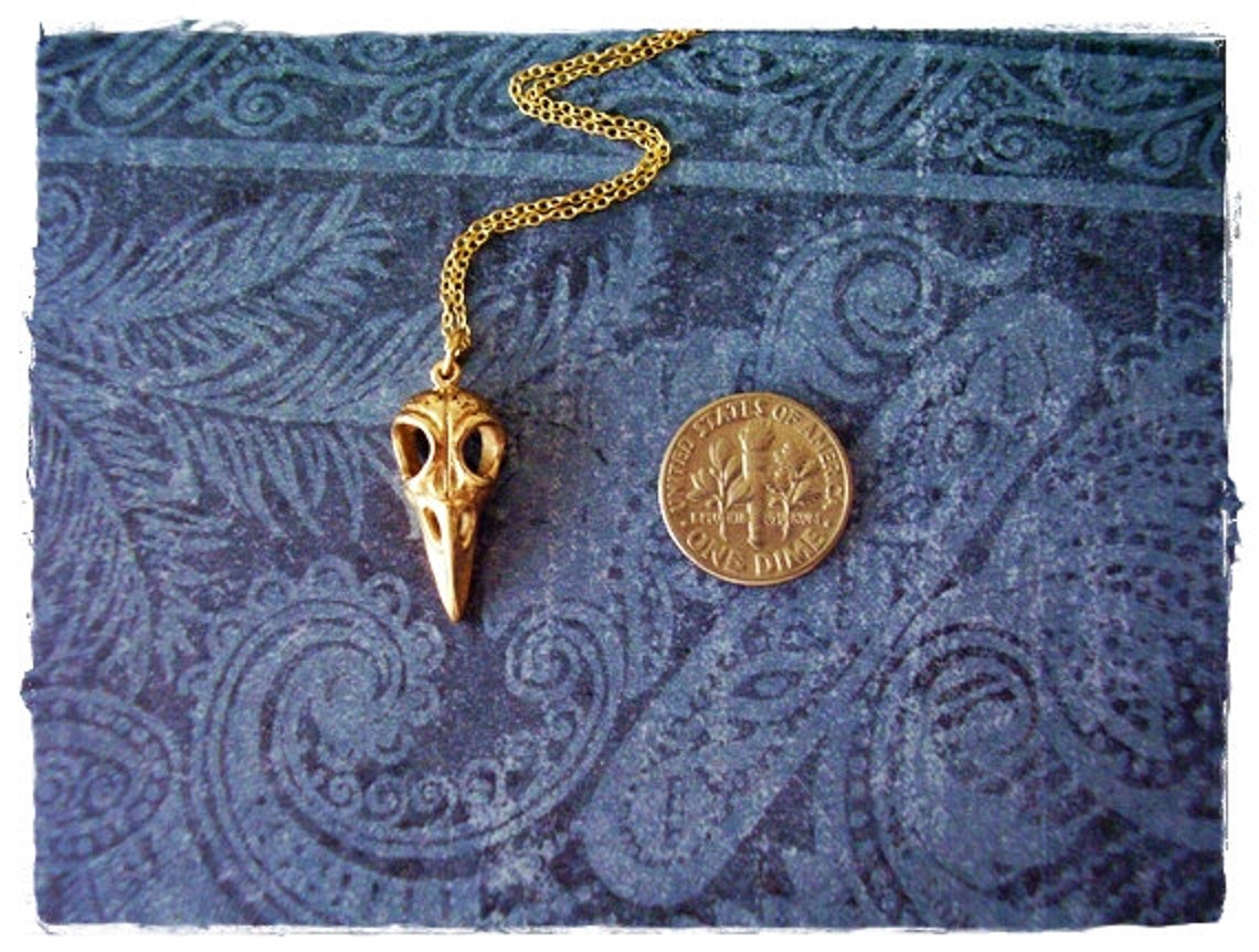 Gold Raven Skull Necklace Bronze Raven Skull Charm on a - Etsy