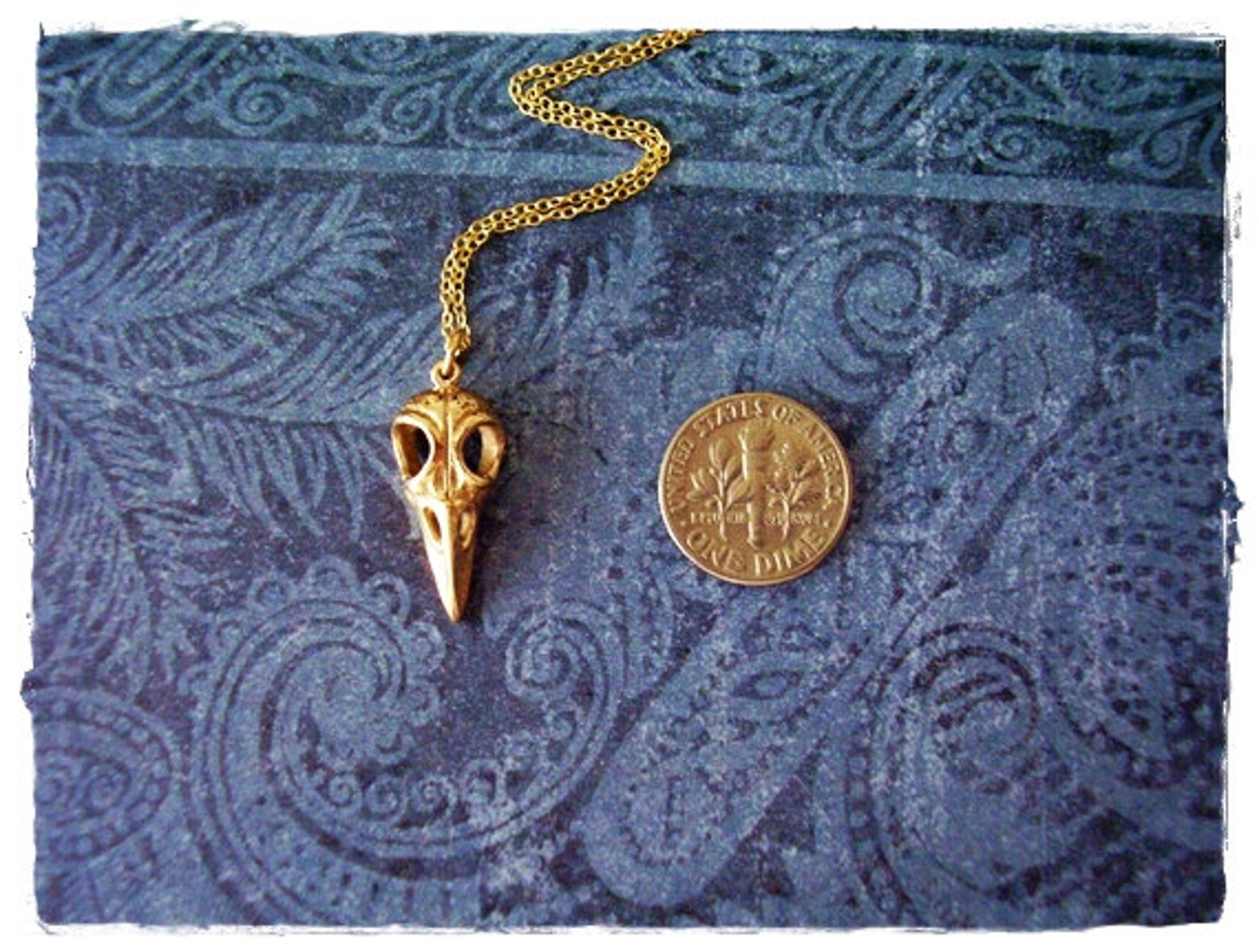 Gold Raven Skull Necklace Bronze Raven Skull Charm on a - Etsy