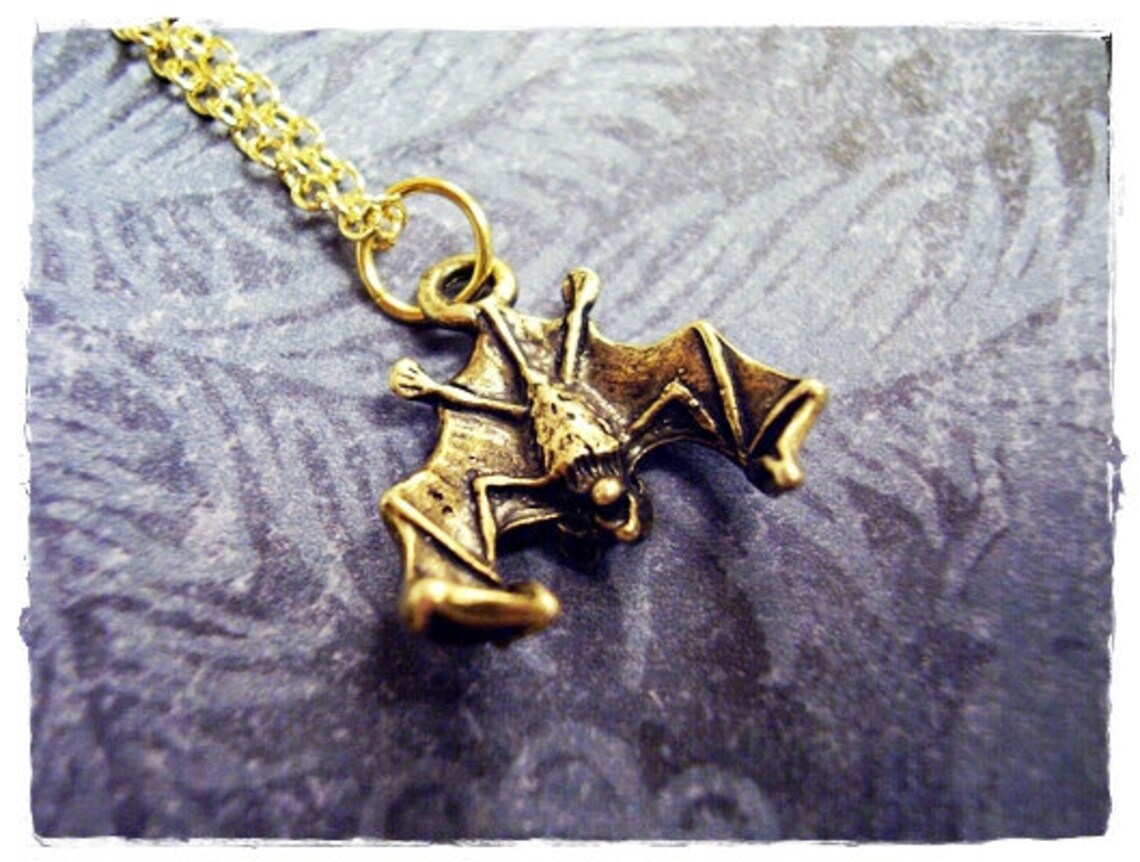 Gold Hanging Bat Necklace Antique Gold Pewter Hanging Bat - Etsy