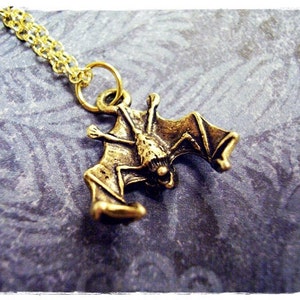 Gold Hanging Bat Necklace - Antique Gold Pewter Hanging Bat Charm on a ...