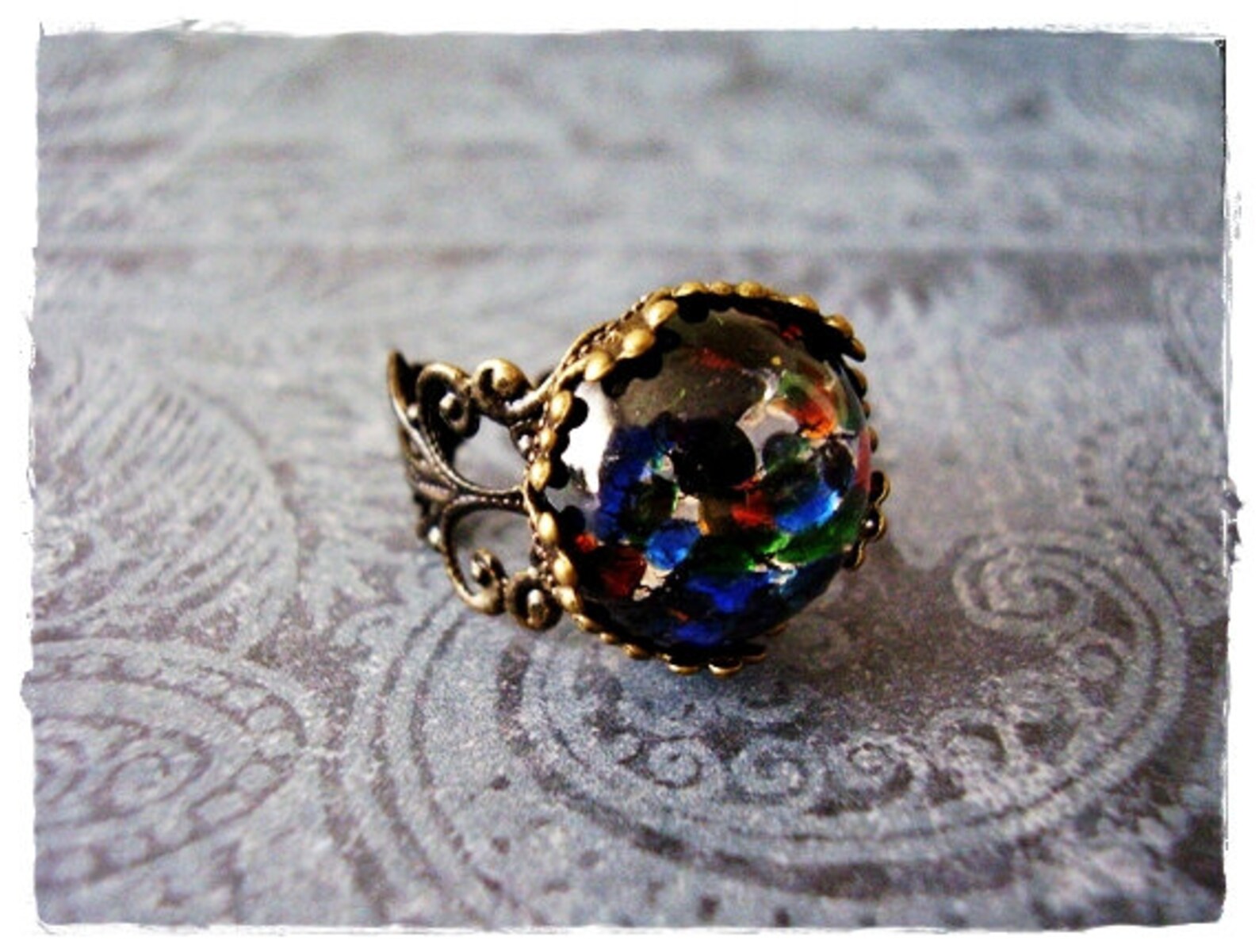 Round Black Opal Glass Ring - Black Opal Glass Cabochon on an Ornate ...