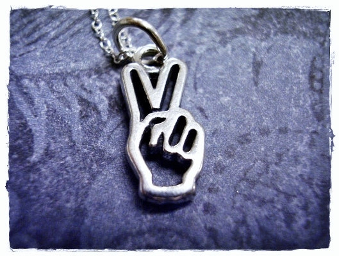 Peace Sign Hand Necklace - Sterling Silver Peace Sign Hand Charm on a ...