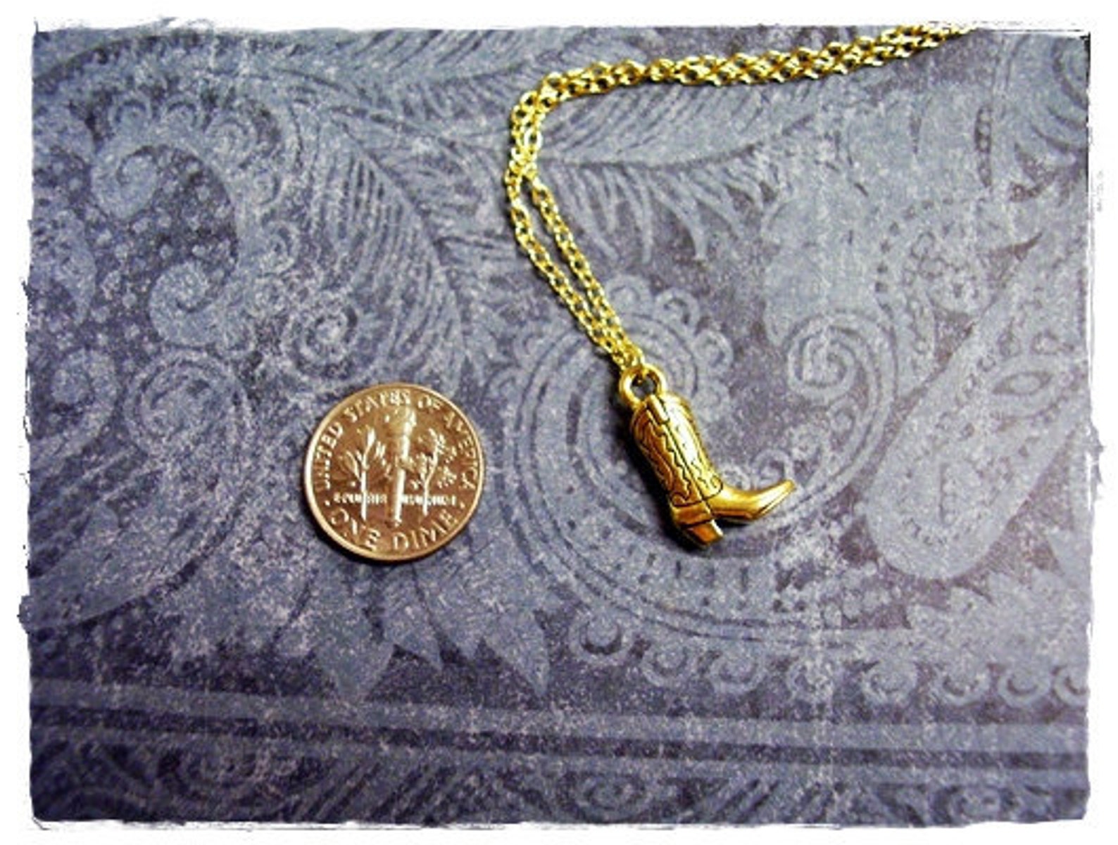 Gold Cowboy Boot Necklace - Antique Gold Pewter Cowboy Boot Charm on a ...