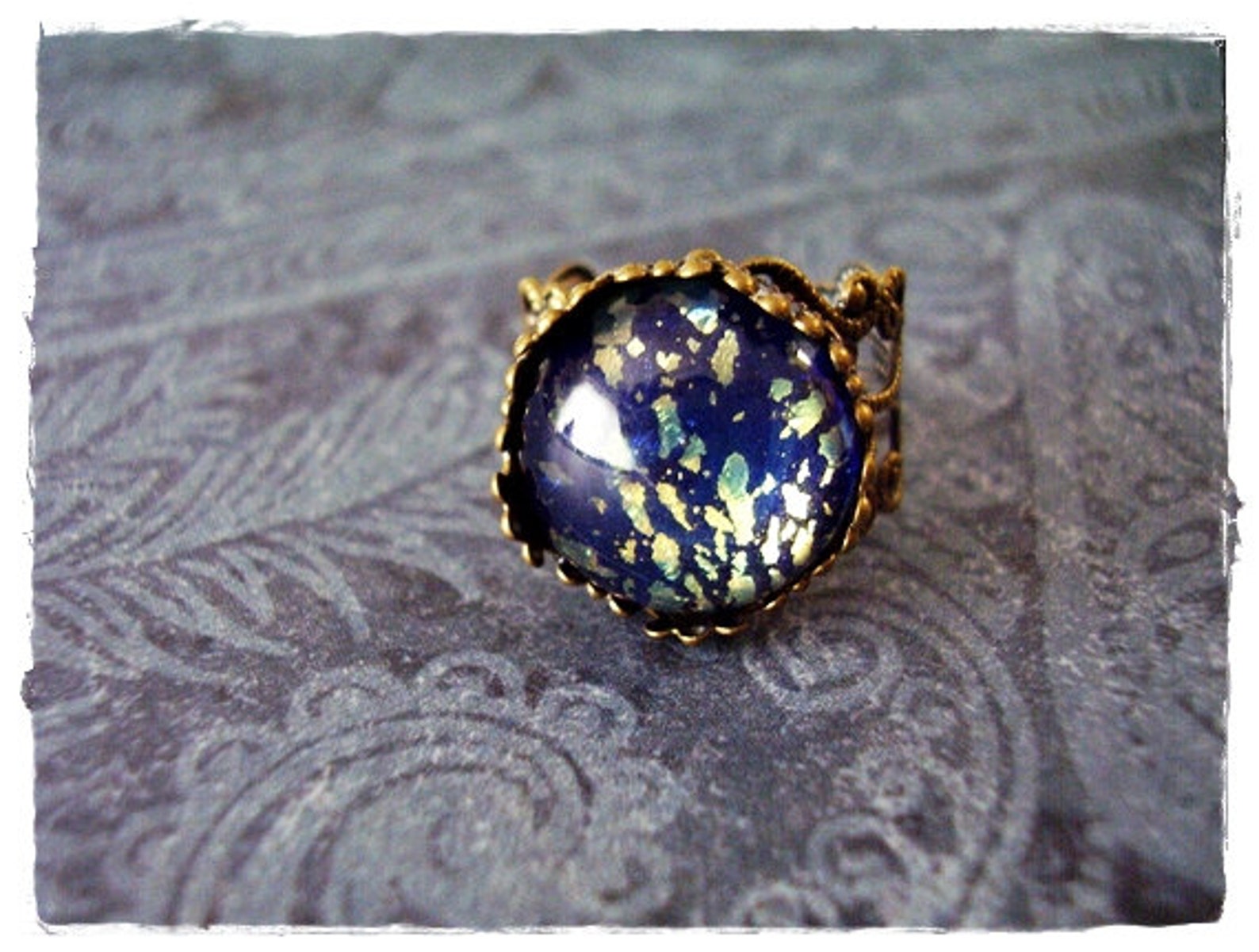 Round Blue Earth Opal Glass Ring - Blue Earth Opal Glass Cabochon on an ...