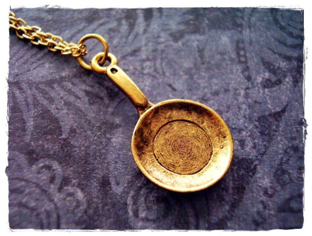 Gold Frying Pan Necklace - Antique Gold Pewter Frying Pan Charm on a ...