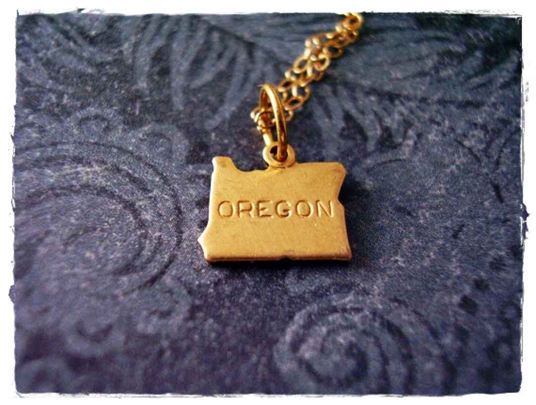 Tiny Gold Oregon State Necklace - Raw Brass Oregon Charm on a Delicate ...