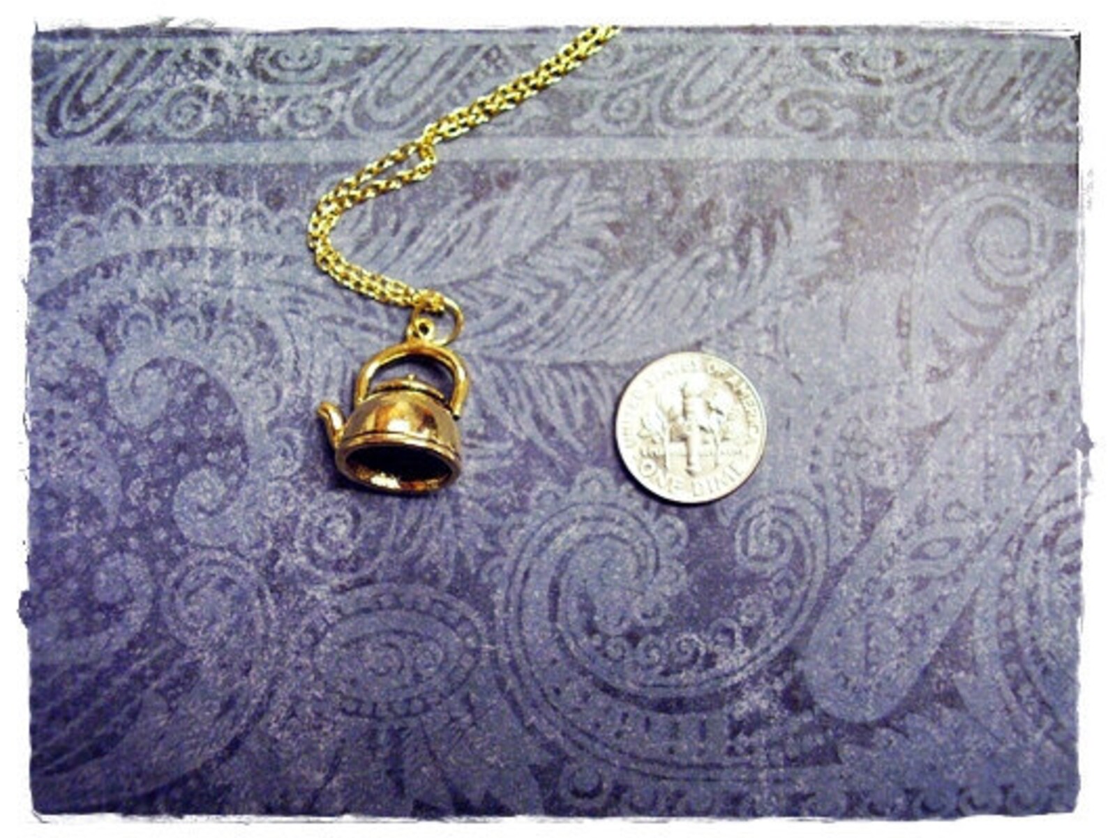 Gold Tea Kettle Necklace - Antique Gold Pewter Tea Kettle Charm on a ...