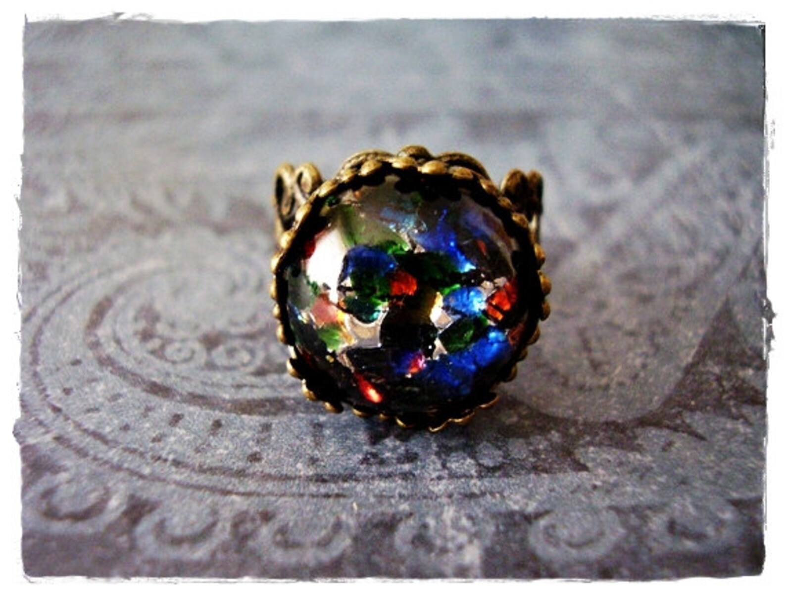 Round Black Opal Glass Ring - Black Opal Glass Cabochon on an Ornate ...