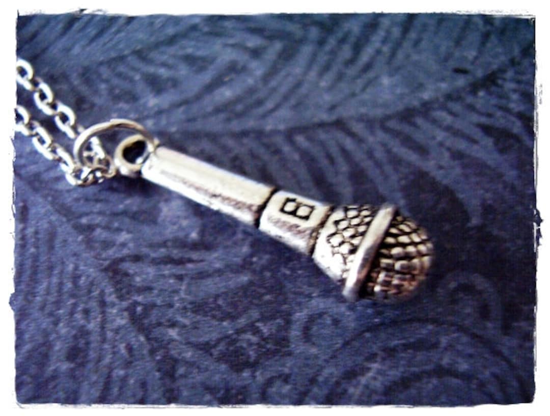 Silver Microphone Necklace - Antique Pewter Microphone Charm on a ...