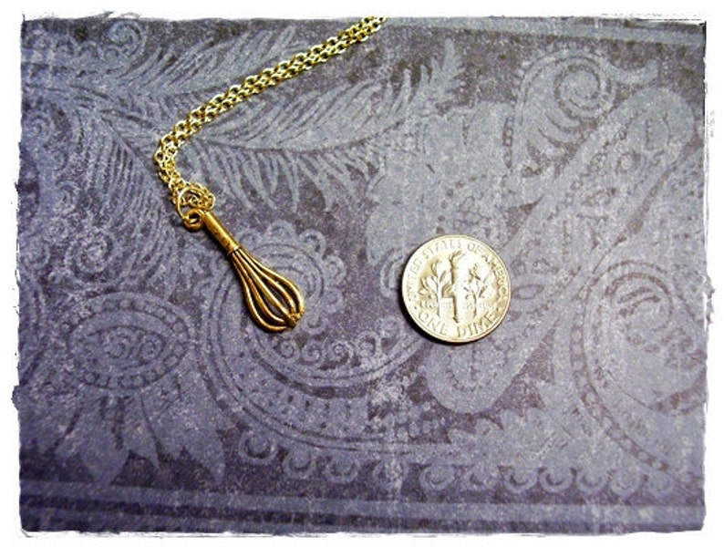 Gold Whisk Necklace - Antique Gold Pewter Whisk Charm on a Delicate ...