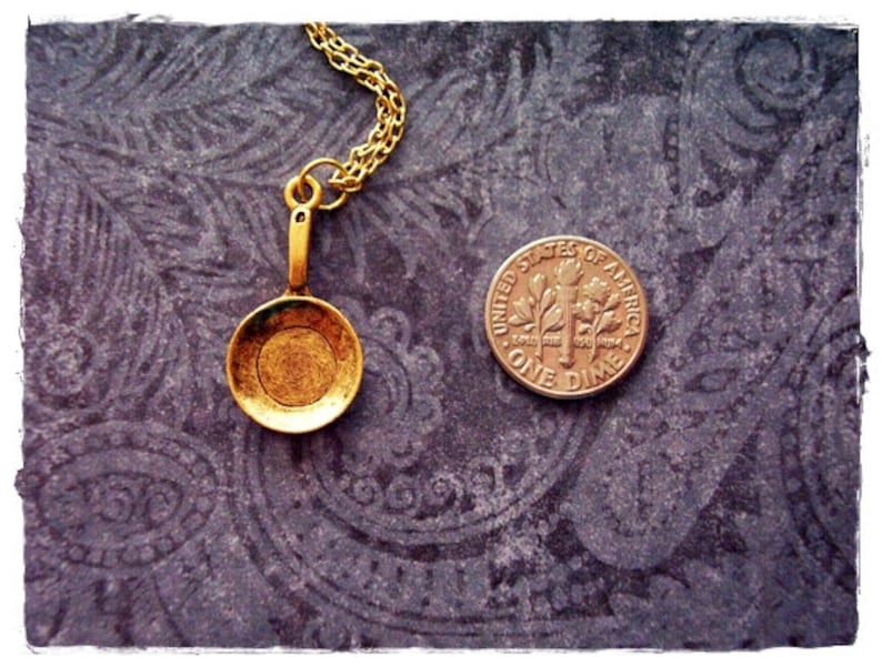 Gold Frying Pan Necklace - Antique Gold Pewter Frying Pan Charm on a ...