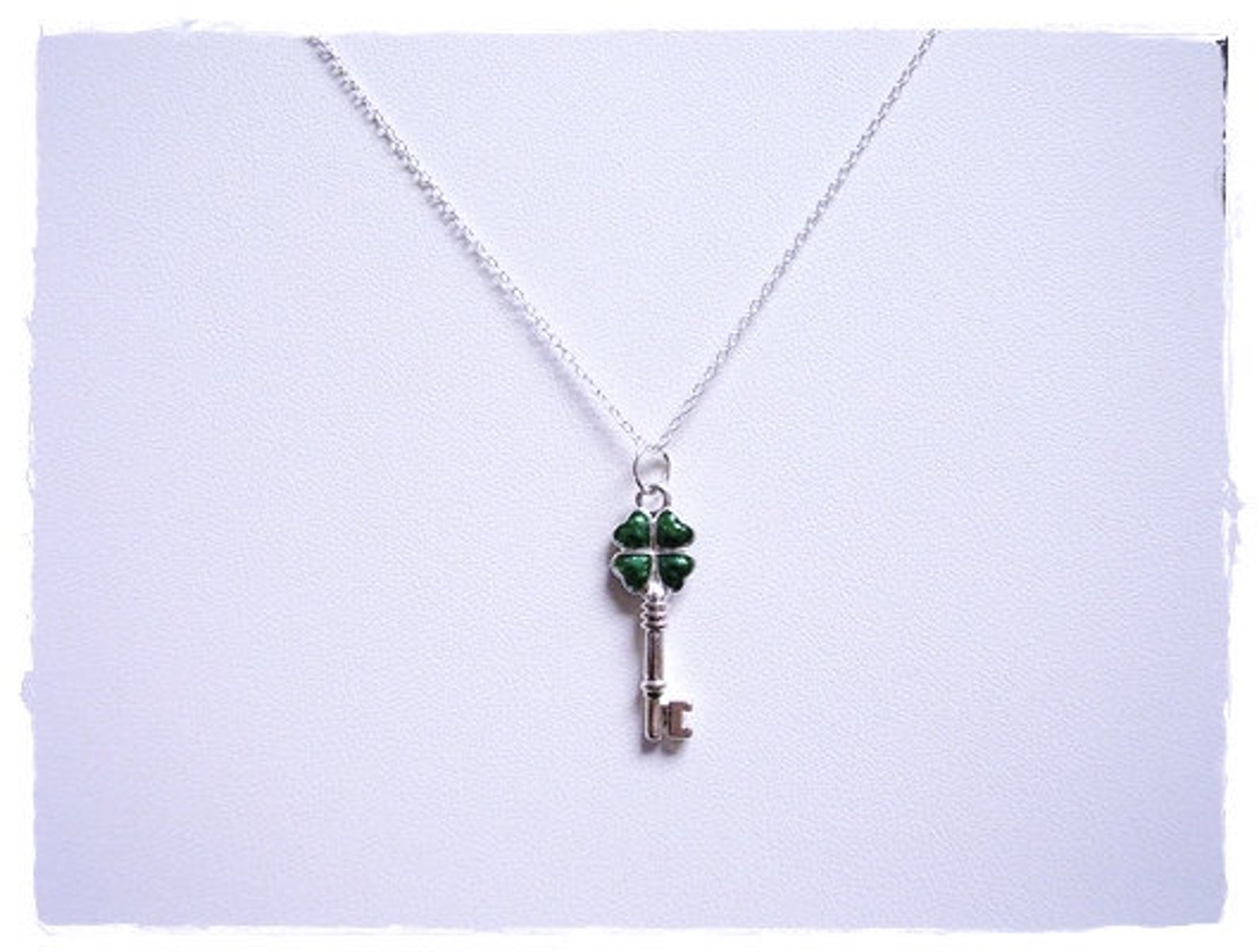 Green Clover Key Necklace - Green Enameled Silver Plate Clover Key ...