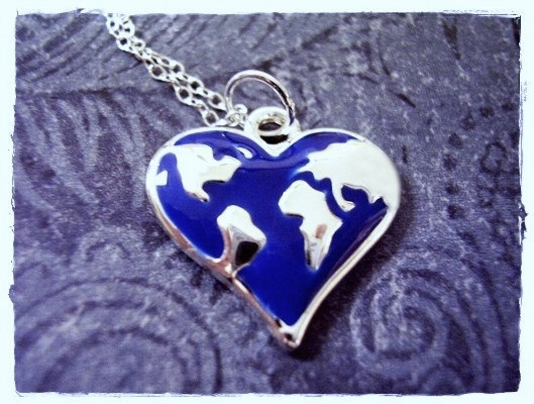 Blue Earth Heart Necklace - Blue Enameled Silver Plate Earth Heart ...