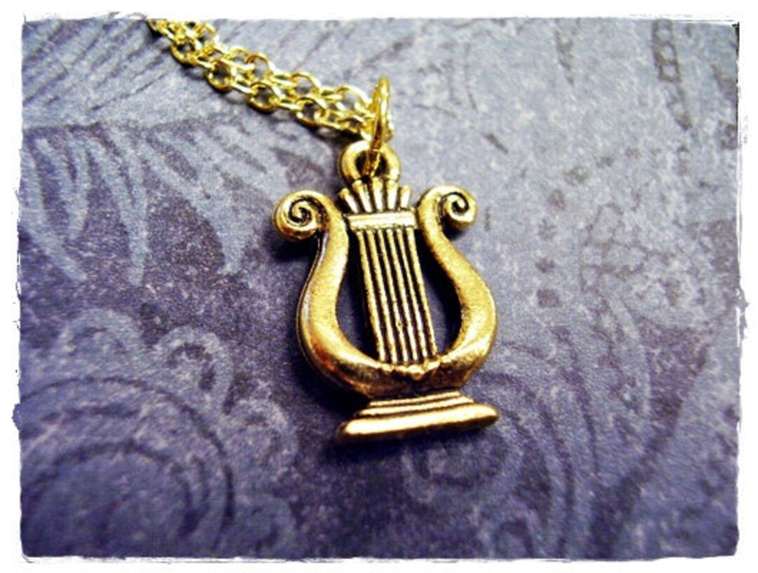Gold Lyre Necklace - Antique Gold Pewter Lyre Charm on a Delicate Gold ...