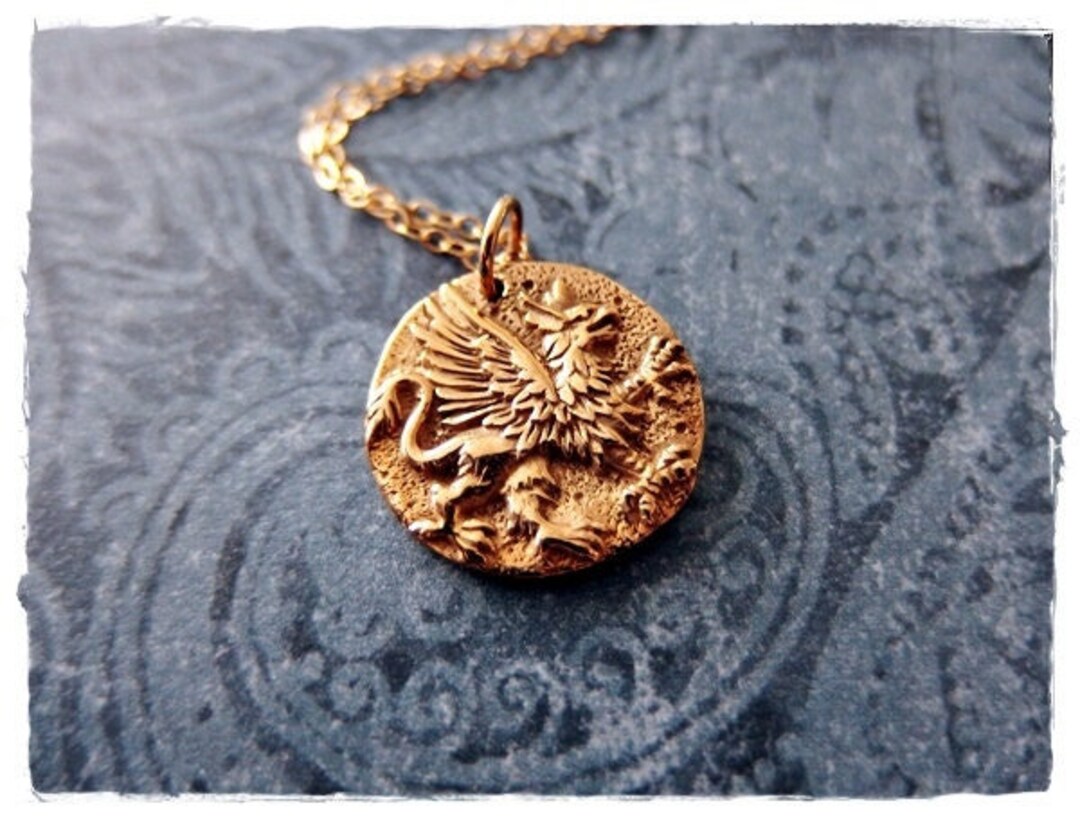 Gold Griffin Coin Necklace - Bronze Griffin Coin Charm on a Delicate ...