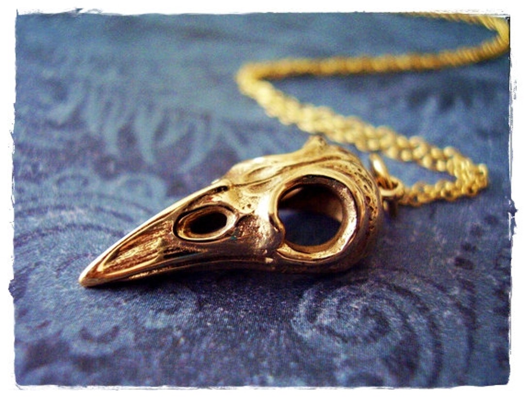 Gold Raven Skull Necklace - Bronze Raven Skull Charm on a Delicate 14kt ...