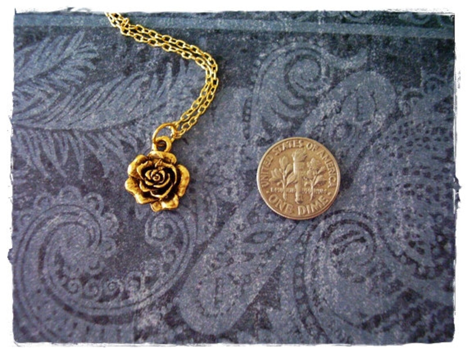 Gold Rose Necklace - Antique Gold Pewter Rose Charm on a Delicate Gold ...